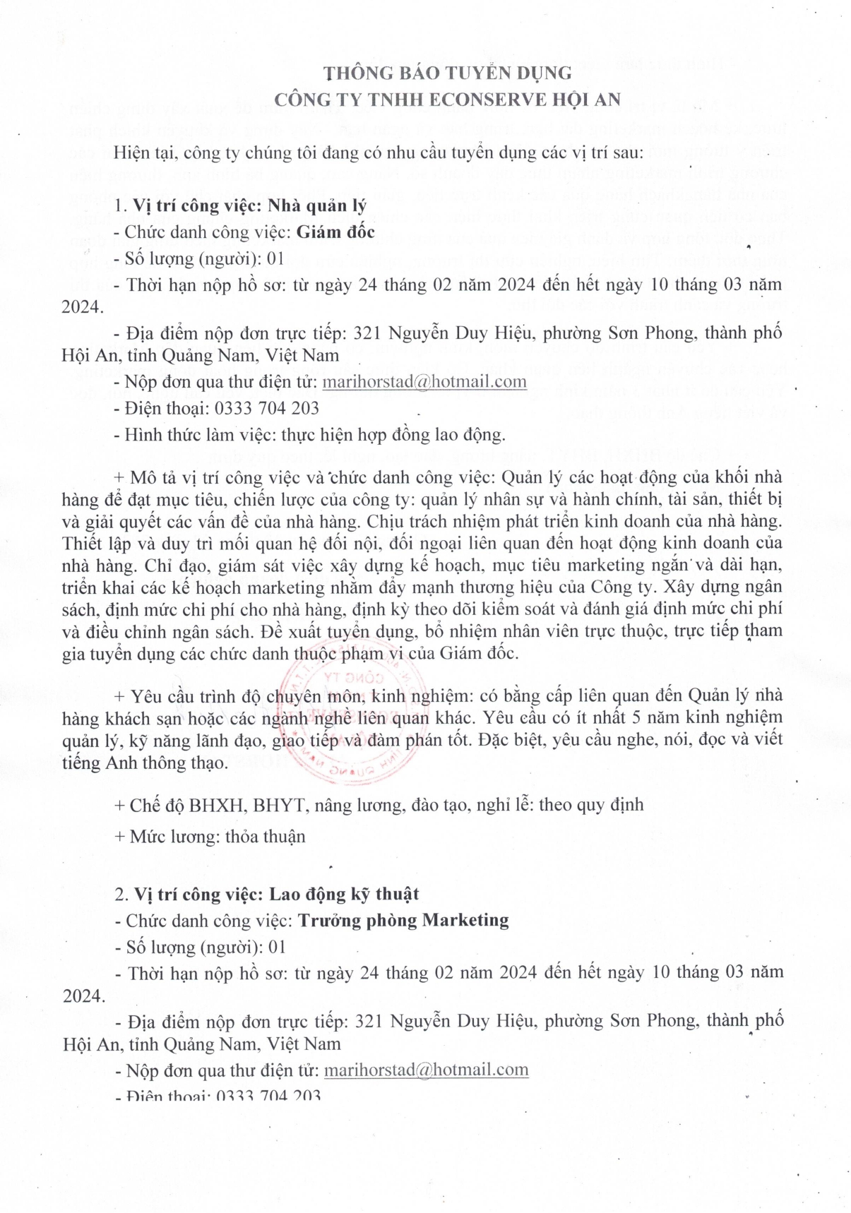 CÔNG TY TNHH ECONSERVE HỘI AN TUYỂN NHÀ QUẢN LÝ VÀ LAO ĐỘNG KỸ THUẬT